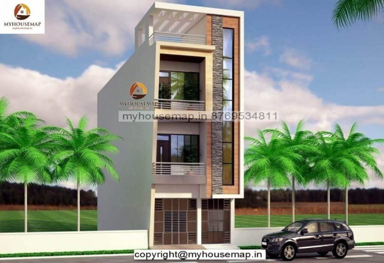 g+2 elevation front design with parking and stair section is outside