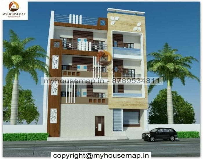 g+3 front elevation design with cream color tiles and glass balcony